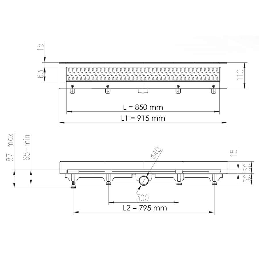 Lineární plastový žlab DN 40, ke stěně, nerez rámeček, KLASIK/FLOOR ...